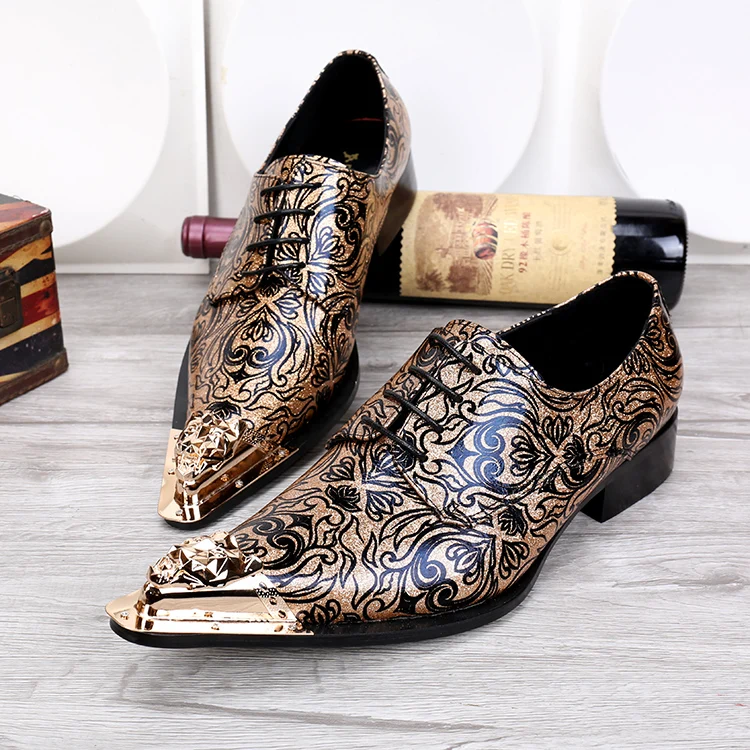 Fashion Wedding Dress Men Shoes Print Oxford Shoes For Men Leather Lace Up Metal Pointed Toe