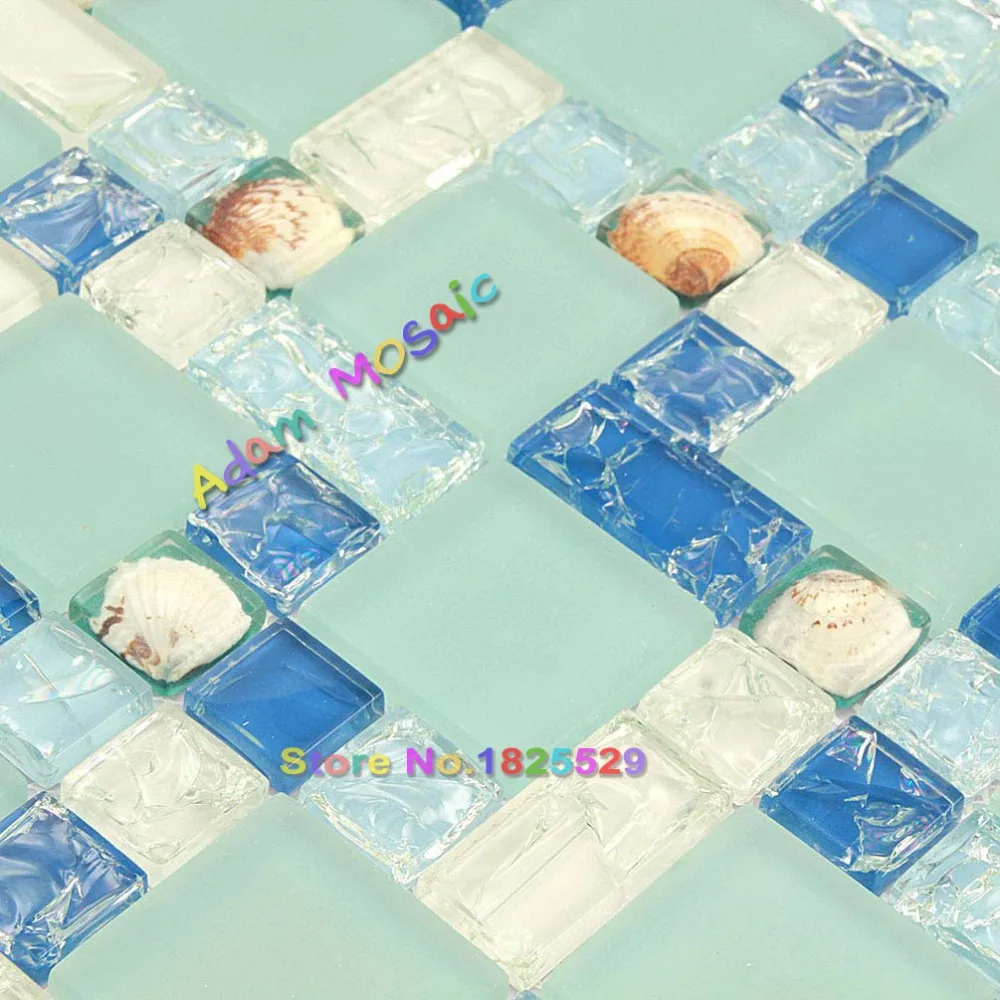 Glass Tile Blue Mosaic Kitchen Backsplash Sea Shell Tile Bathroom Wall ...
