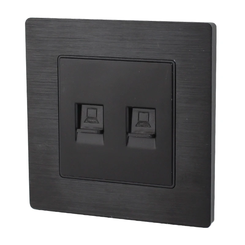 2 Ports CAT5E RJ45 Wall Panel Metal Frame Outlet Internet Plug Black ...