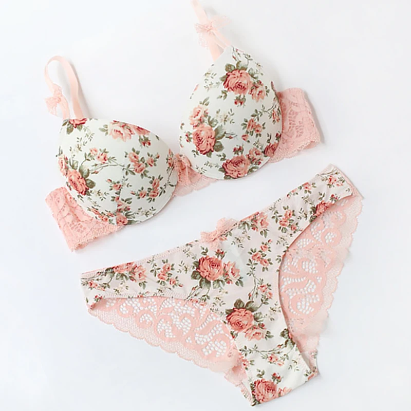 2017 High Quality Women Flower Lace Lounge Underwear Push Up Print