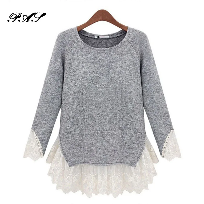 2017 Women Winter T shirt Pullover Lady Spring Knitted Lace Patchwork ...