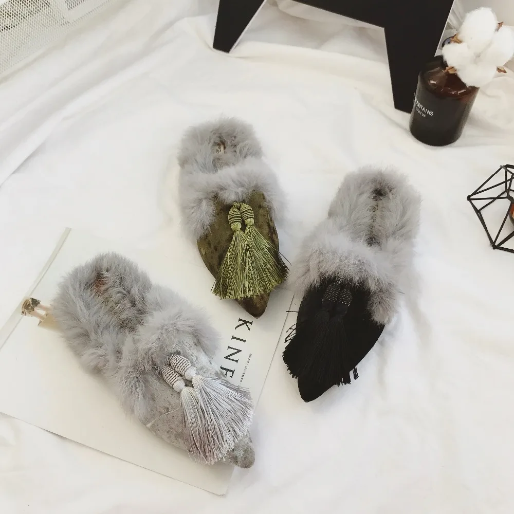 Designer Women Fur Mules Fringed Suede Natural Rabbit Hair Furry ...