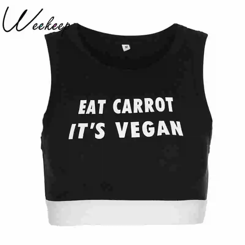 Weekeep Letter Print Sleeveless Tank Tops Women Black Patchwork Cotton