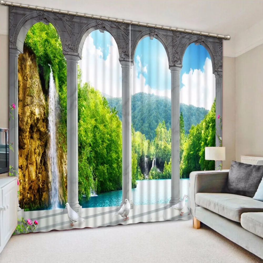 3D Curtains Stereoscopic Waterfall Landscape Window Curtain Living room ...