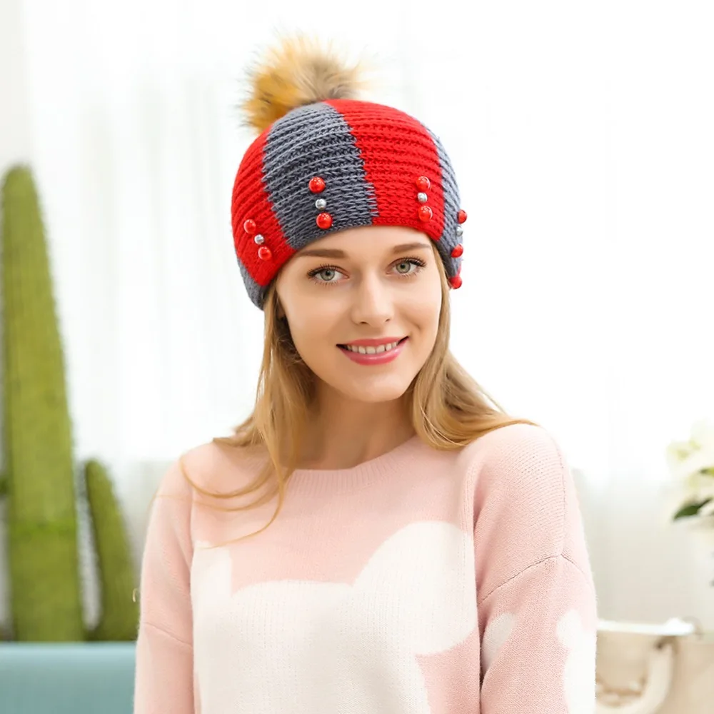 Women's Pearl Wool Winter Hats Girls Knitted Wool Hat Western Style ...