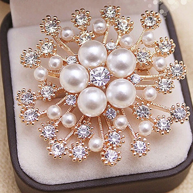 New Fashion Women Large Brooches Lady Snowflake Imitation Pearls ...