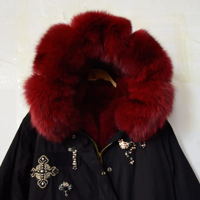 Beading Black Fur Parka Removable Fox Fur Hood And Collar Sequin Long