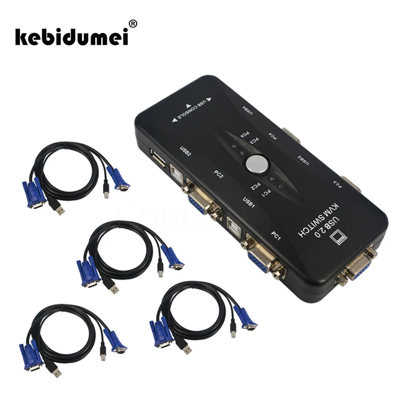 kebidumei 4 Port USB 2.0 KVM VGA SVGA Switch Hub Box Selector Adapter with 4pcs KVM VGA Cable ...