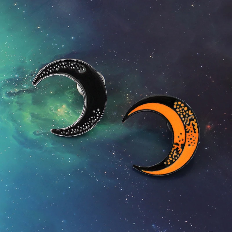 Moon Badge Pin Black Orange Crescent Moon Metal Enamel Brooch Astronomy ...