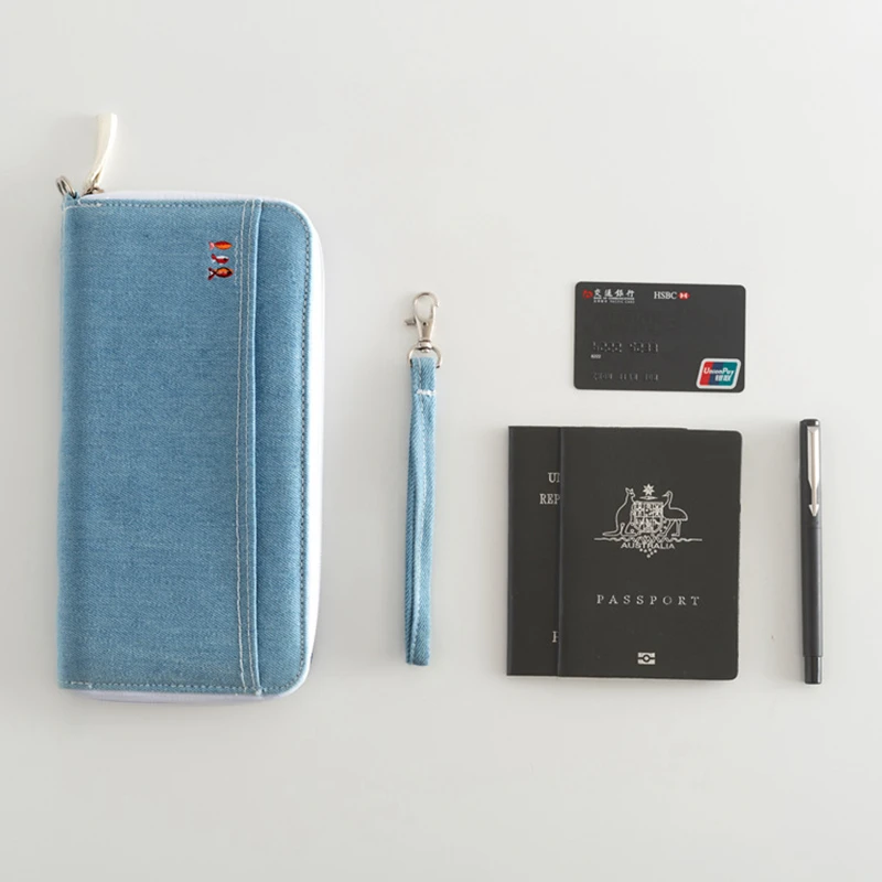 Pinmoo Denim Travel Passport Wallet Certificate Storage Bag Tickets Waterproof Passport Cover