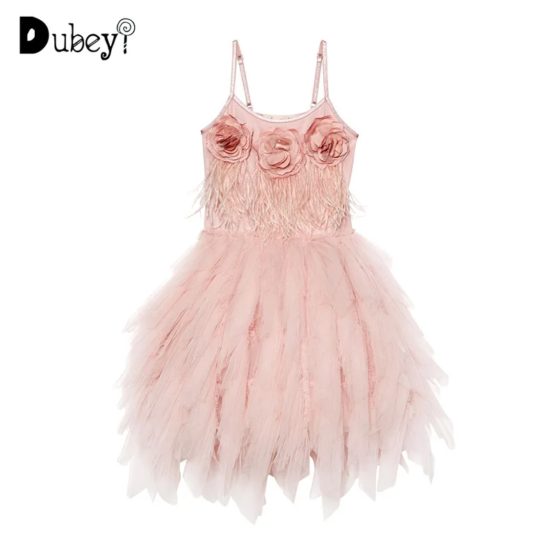 Girls Feather Flowers Sling Tulle Princess Dress European and American ...