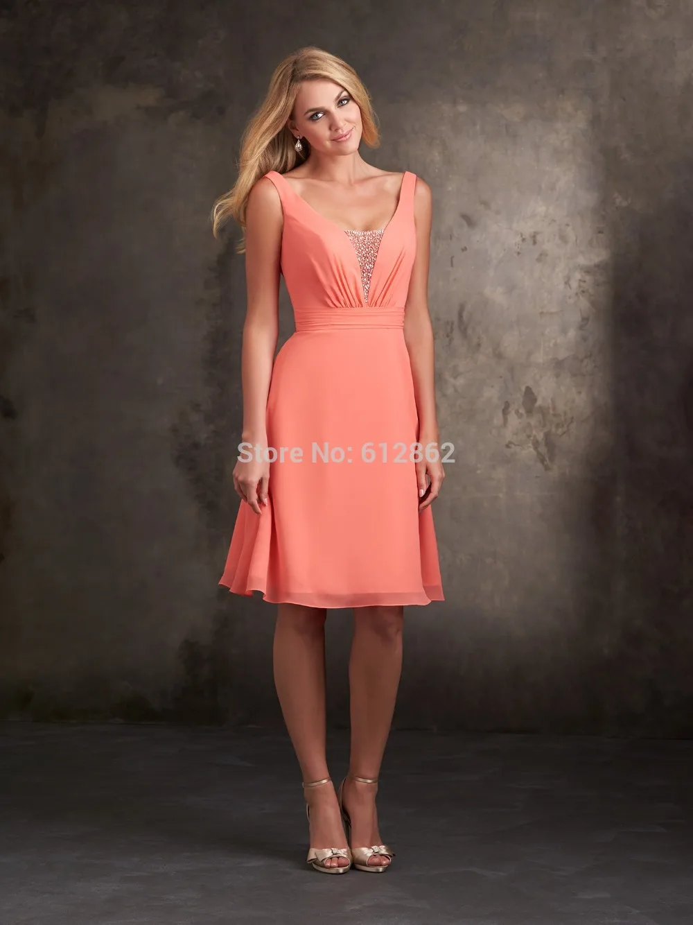 Sleeveless Chiffon Low Back Short Coral Bridesmaid Dresses|dresses ...