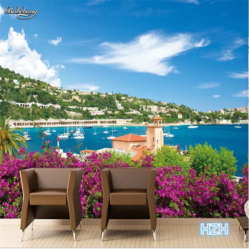 Beibehang foto behang moderne verse bloemen en hemelsblauw egeïsche zee ...