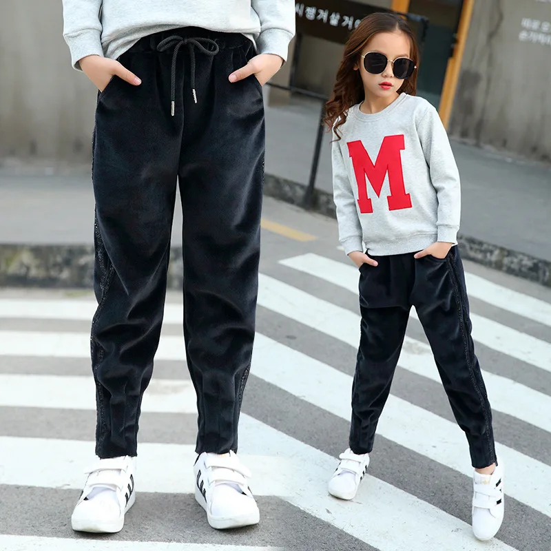 Girls Pants 2017 Winter Big Children Thick Velvet Pants Bling Stripe ...