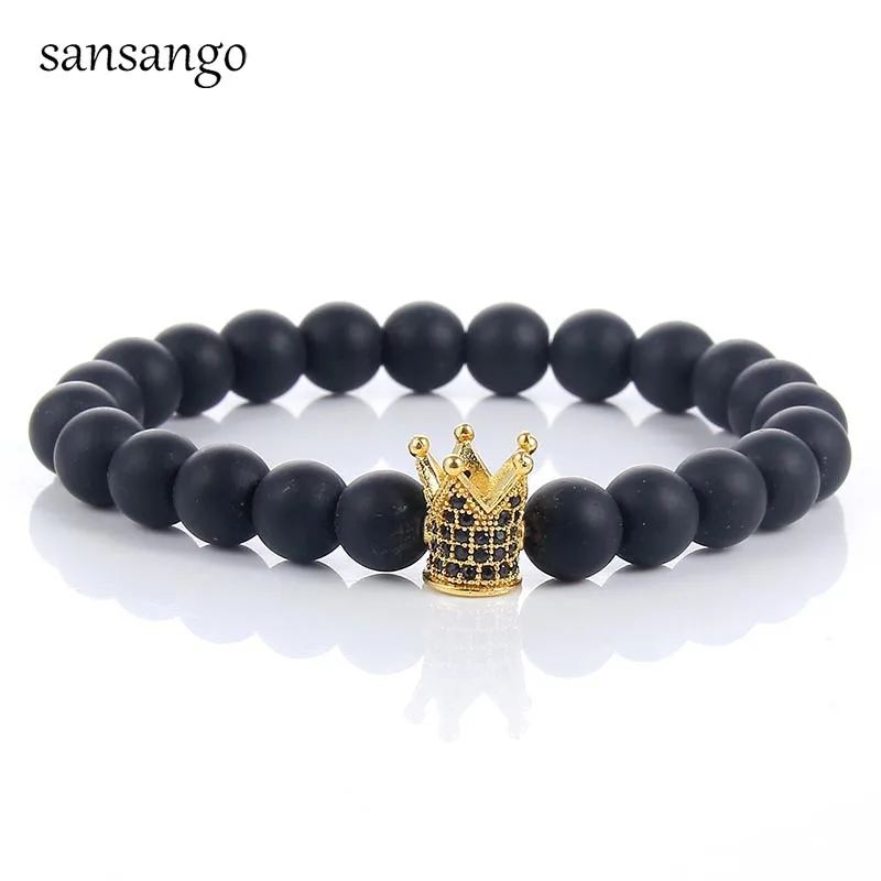 8 мм натуральный матовый оникс Камень Браслет Циркон золотой и черный ...