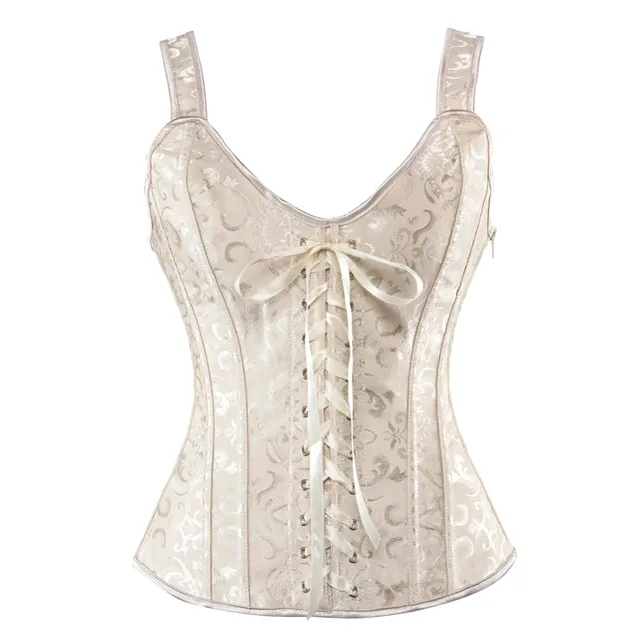 Sexy Lace Up Satin Jacquard Overbust Corset Shoulder Straps Zipper