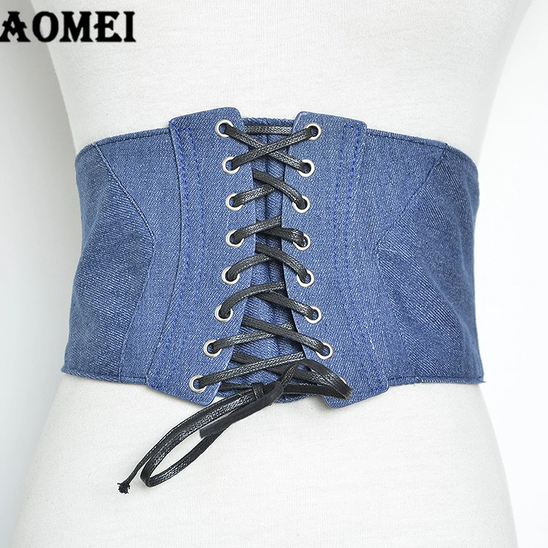 Women Fashion Wide Leather Denim Belts for Dress Blouse with Lace Up ...