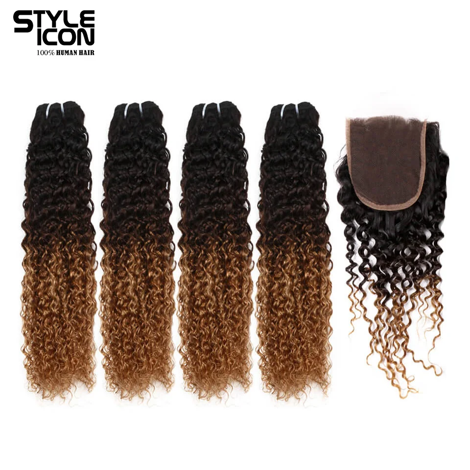 StyleIcon Pre Colored Remy Curly Hair 4 Bundles with Closure Brazilian ...