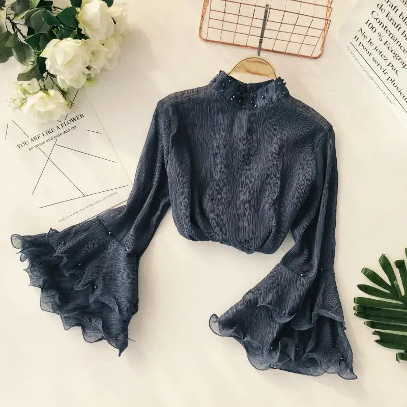 2018 Autumn New Female Stand Collar Beading Ruffles Slim Shirts Womens