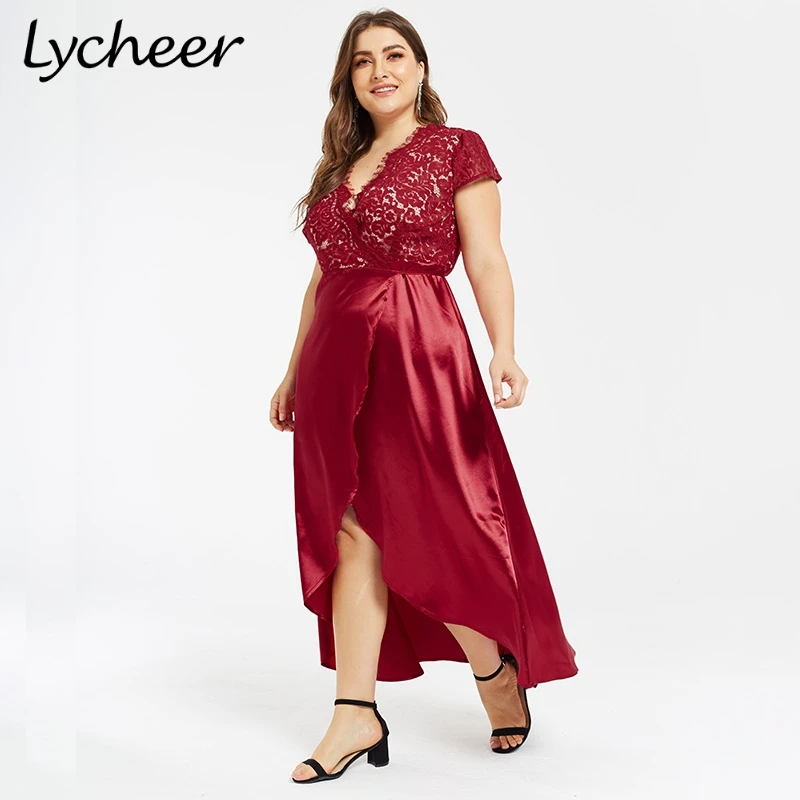 Lycheer Plus Size Sexy Satin Big Size Women Dress Sashes Lace Split