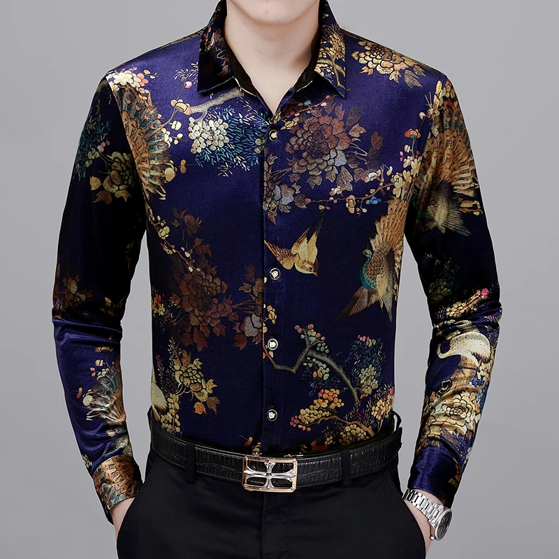 New-autumn-winter-mens-gold-velvet-floral-clothes-long-sleeve-casual ...