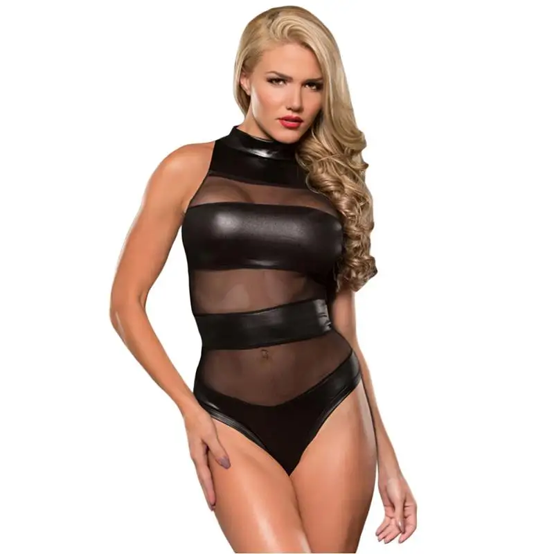 Dreszdi Sexy See Through Mesh Bodysuit Women Cool Pu Leather Bodysuit