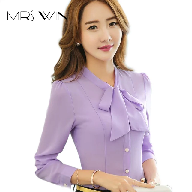 Mrs Win 2017 Bow Lavender Blouses Women Ol Spring Formal Slim Long