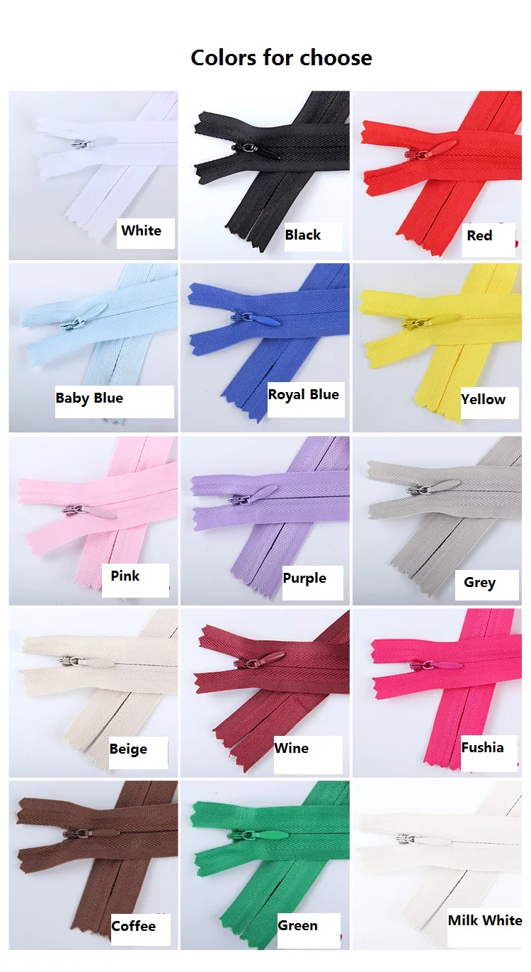 1000PCS mix color Invisible Nylon Concealed Zip 7" to 20" Zippers 18 to ...