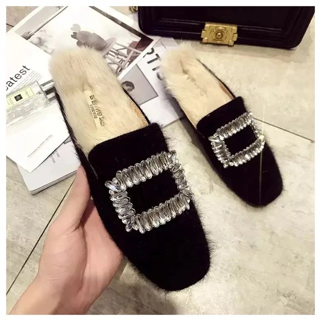 Buy Women Fur Slippers Metal Chain Women Plush Slides