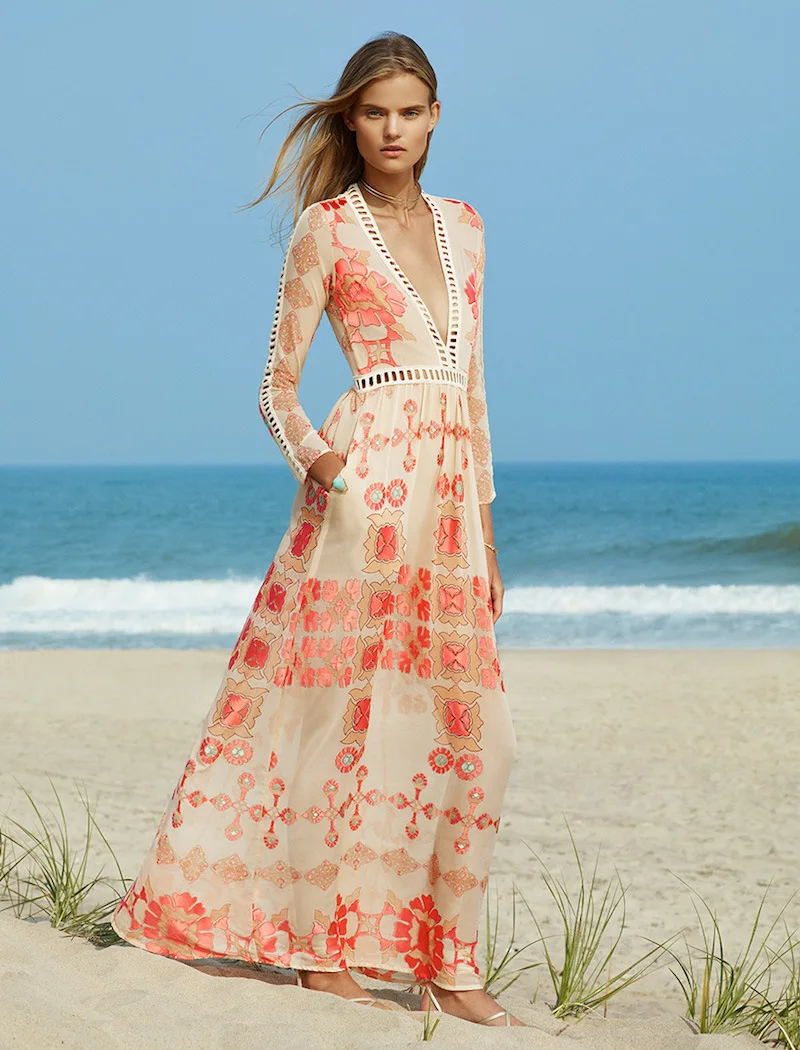 Lace Bohemia Dresses Women Expansion Bikini Cover Up Beach V Neck Summer Dresses Beach Cover Up