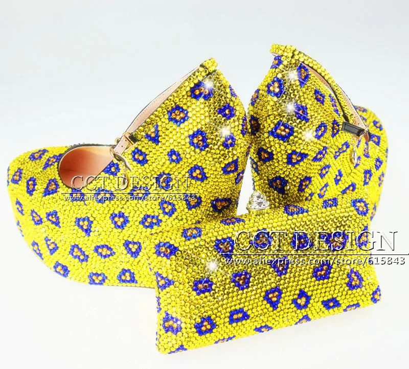 free shipping women blue rhinestone and gold Crystal High Heels Wedges ...