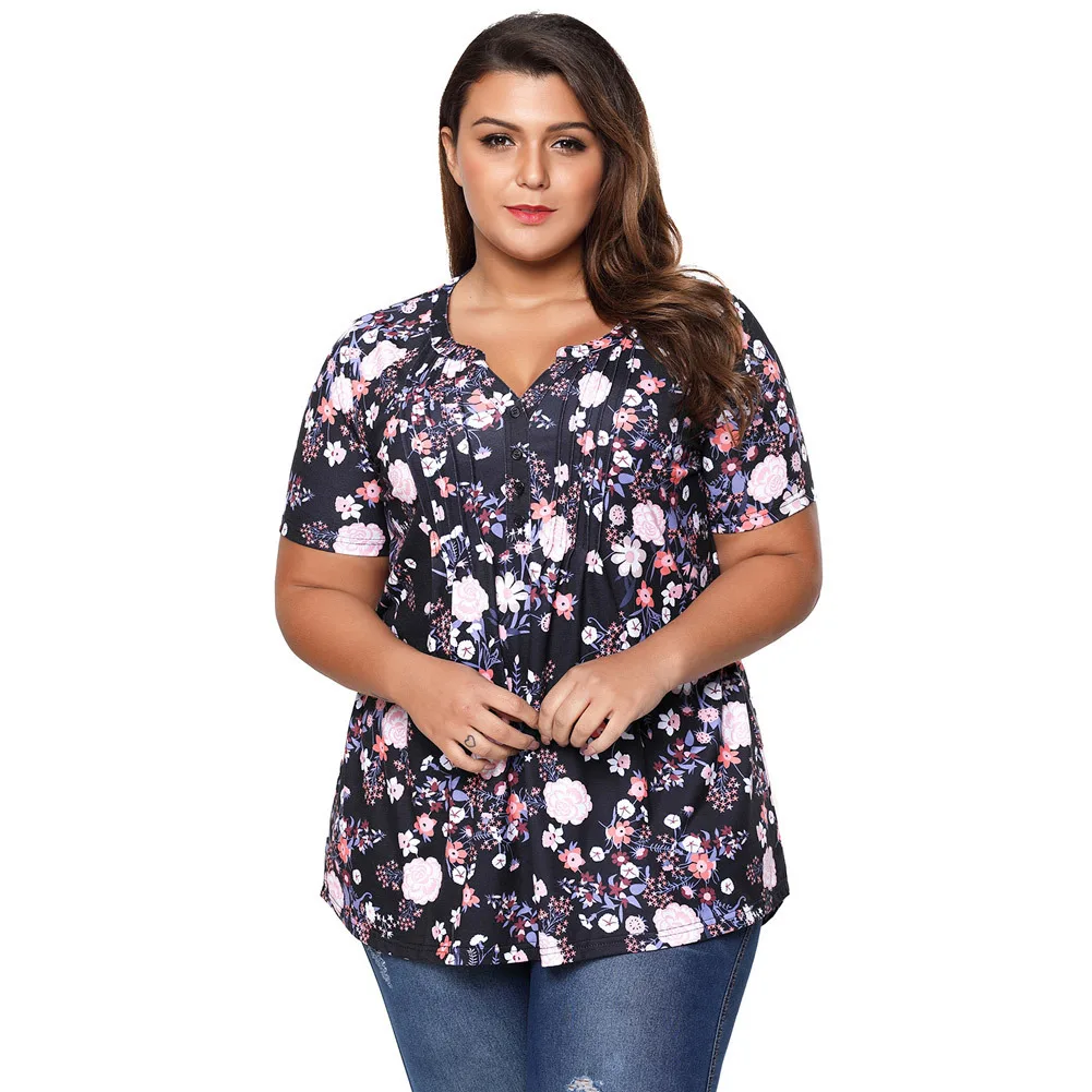 Plus Size Xxxl Vintage Printed Summer Women T Shirt 2018 Fashion Short Sleeve Floral Lady Black