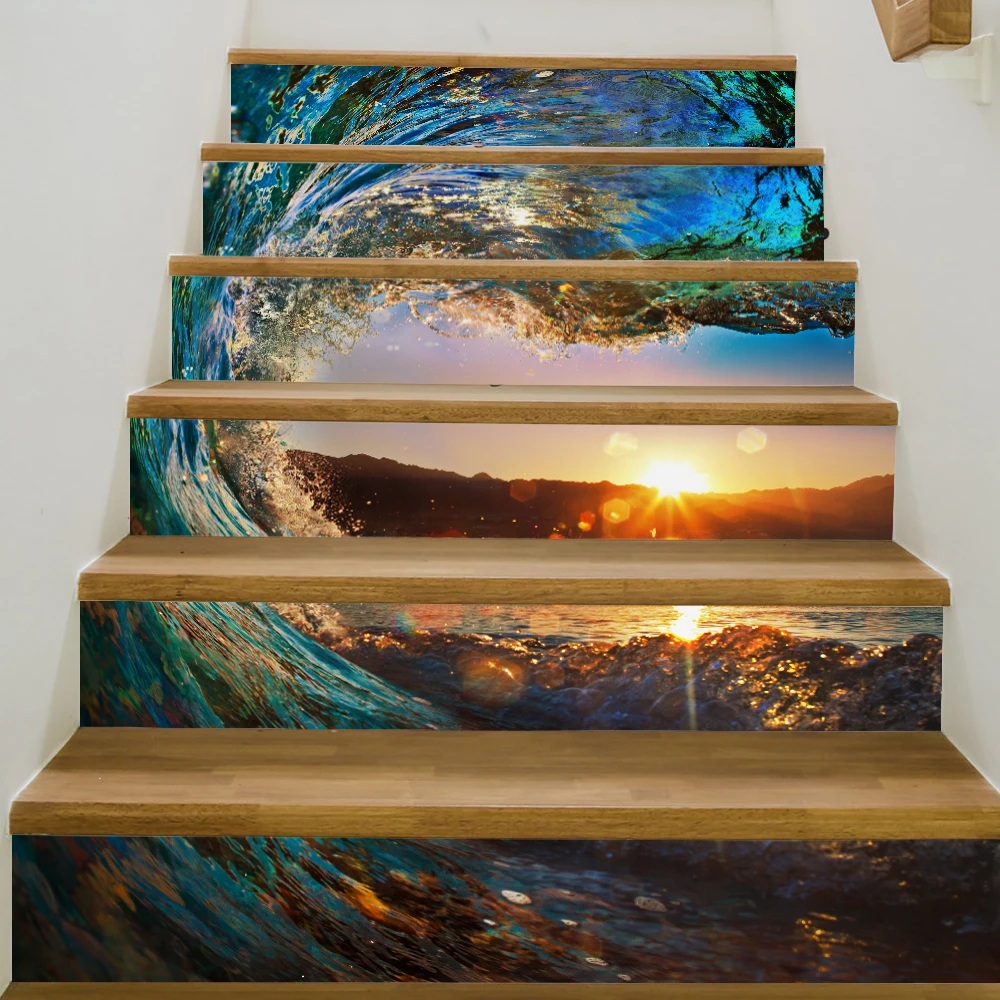 6Pcs Tornado Seascape PVC Stair Stickers Imitation 3D PVC Waterproof ...