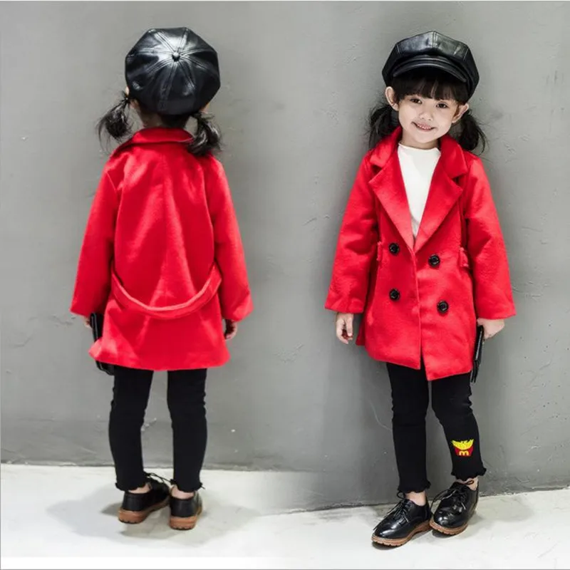 2016 Autumn Winter Girls Wool Coats High Quality Long Sleeve Red Double ...