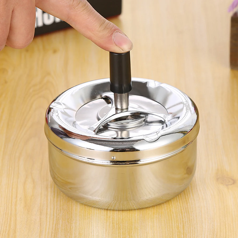 Round Push Down Cigarette Ashtray Stainless Steel Tabletop Ashtray with ...