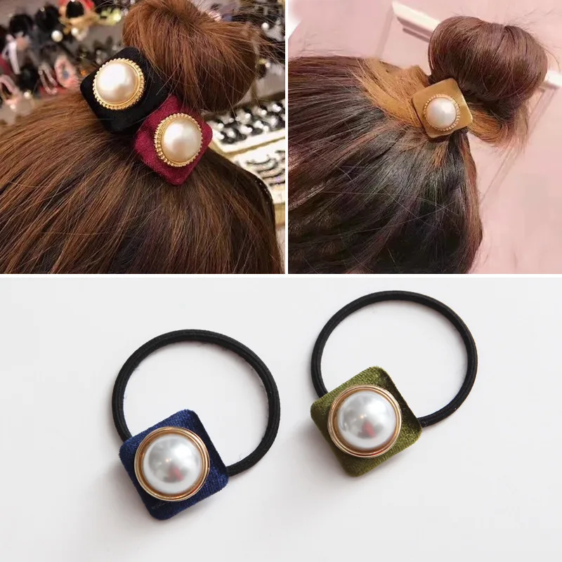 New Big Pearl Buckle Elastic Hairband Scrunchy Women Ponytail Holder ...