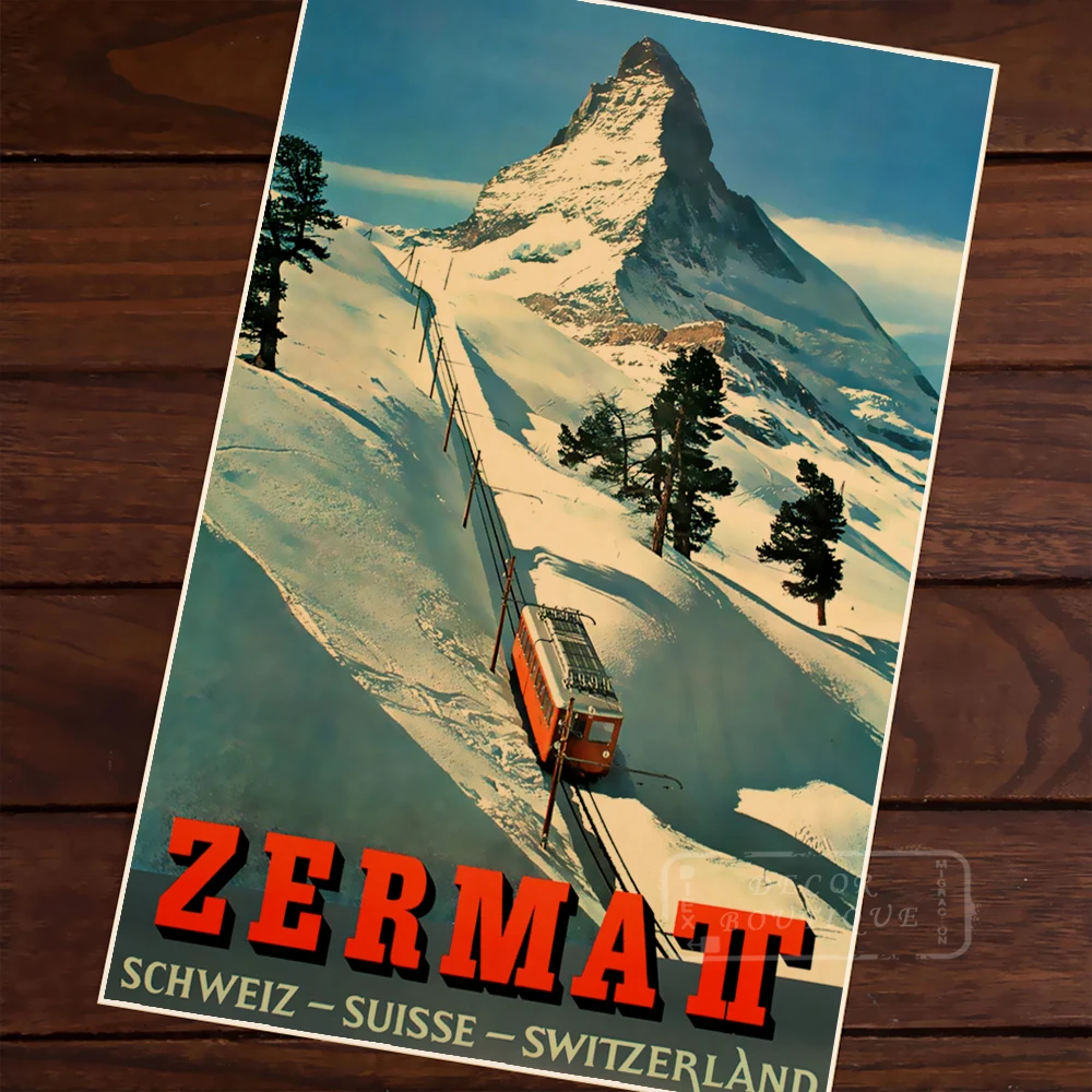 Zermatt Bus Skiing Vintage Retro Kraft Canvas Painting Paintings Poster ...