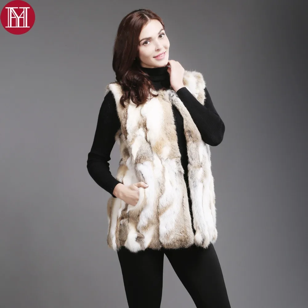 Colete longo de pele de coelho, novo colete feminino sem mangas com pele de coelho real na moda ...