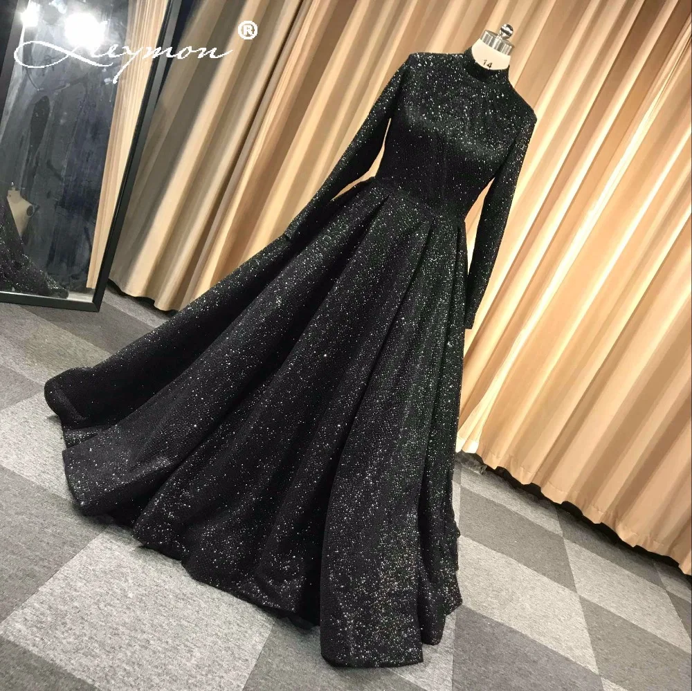 Robe De Soiree Glitter Shiny Evening Dress Full Sleeves Black Evening ...