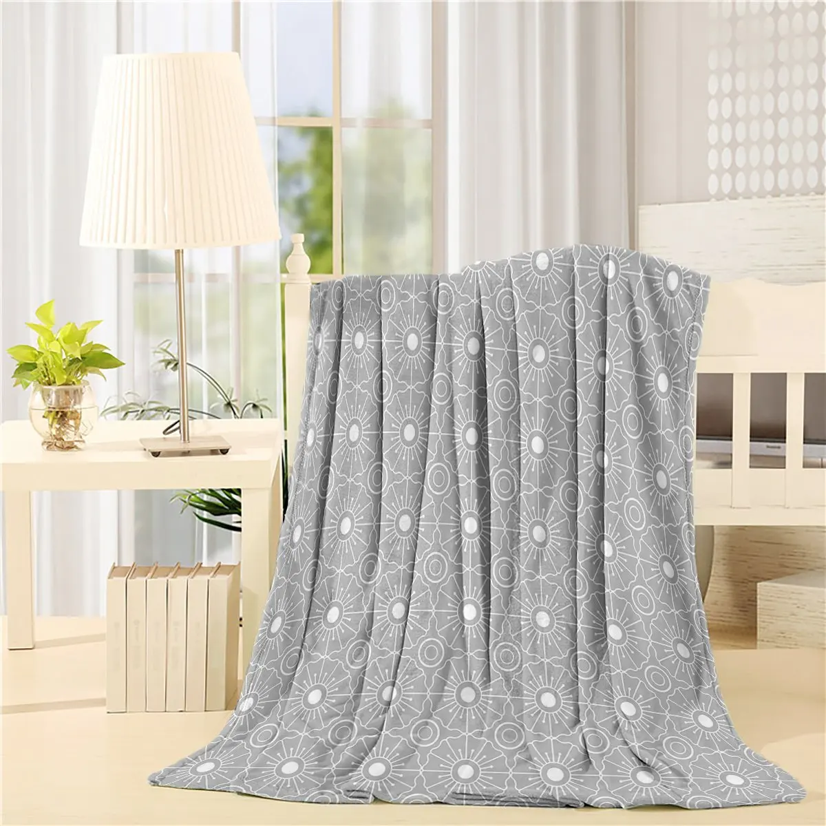 Blanket White Big Flowers On Grey Print Modern Home Art Prints Fleece ...