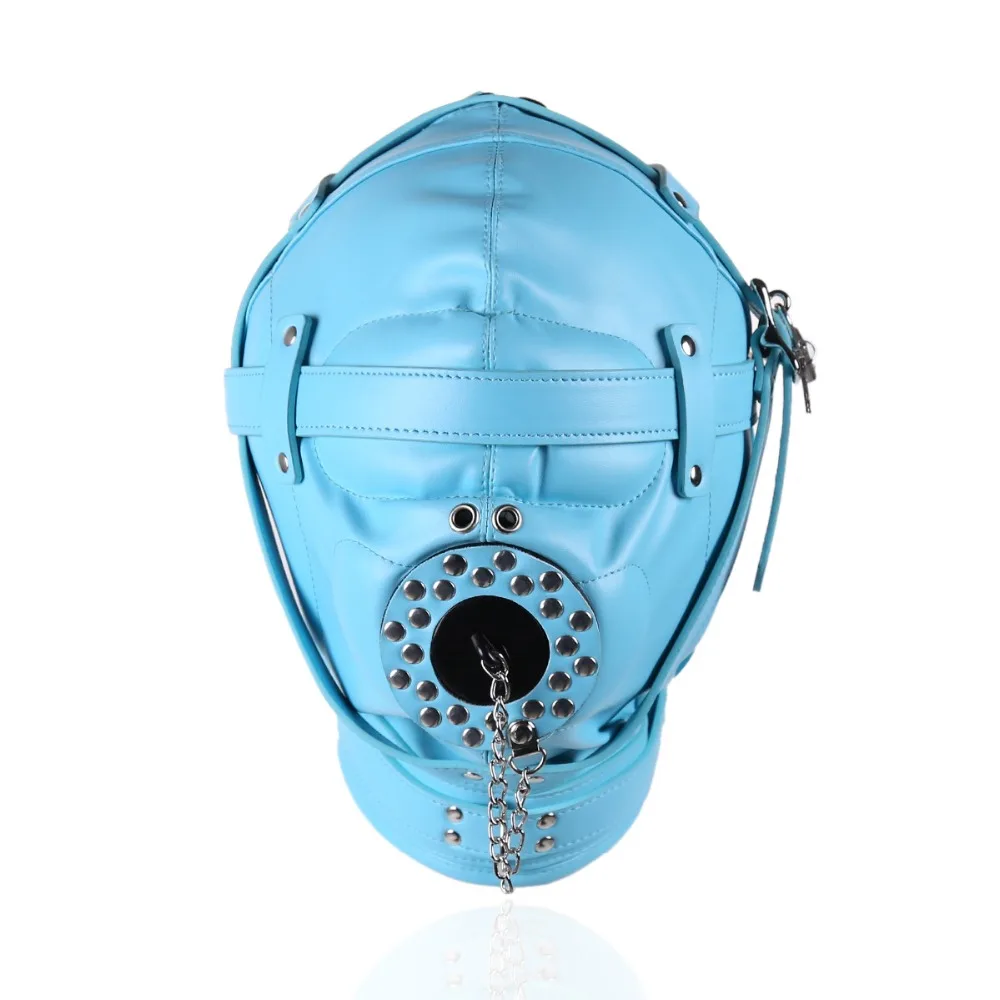 Hot Sale Blue Bdsm Fetish Mask Adult Sex Toys For Couples Leather Mask Slave Open Mouth Gag