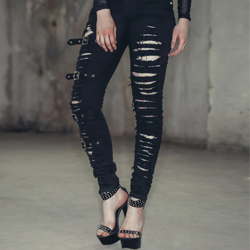 Devil Fashion Steampunk Women Ripped Cotton Pants With Buckle Gothic