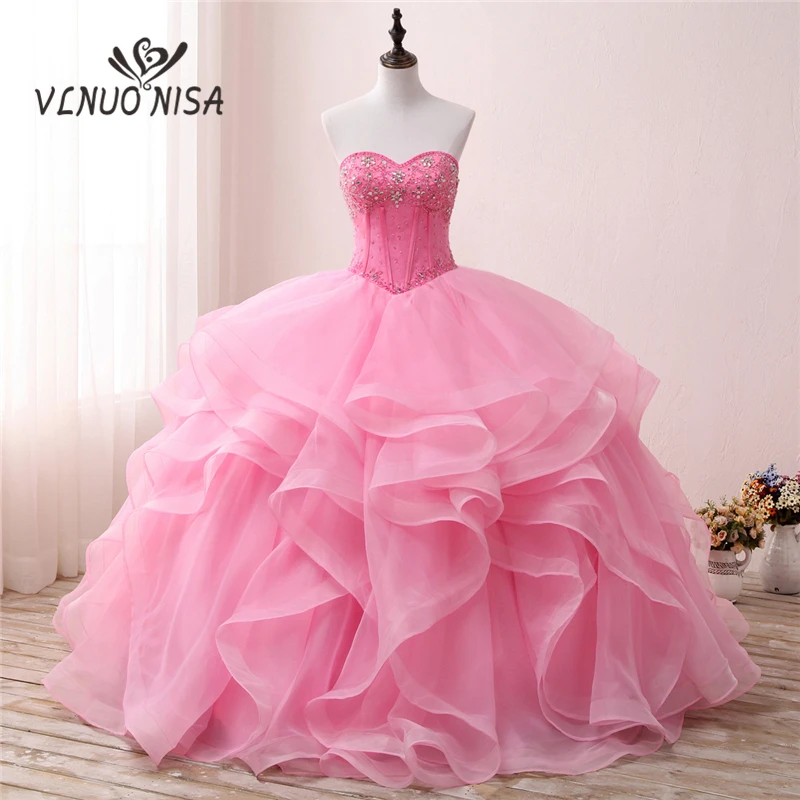 Romantic Pink Court Train Fluffy Ruffles Evening Dresses Luxury Crystal Beading Sequins Tulle