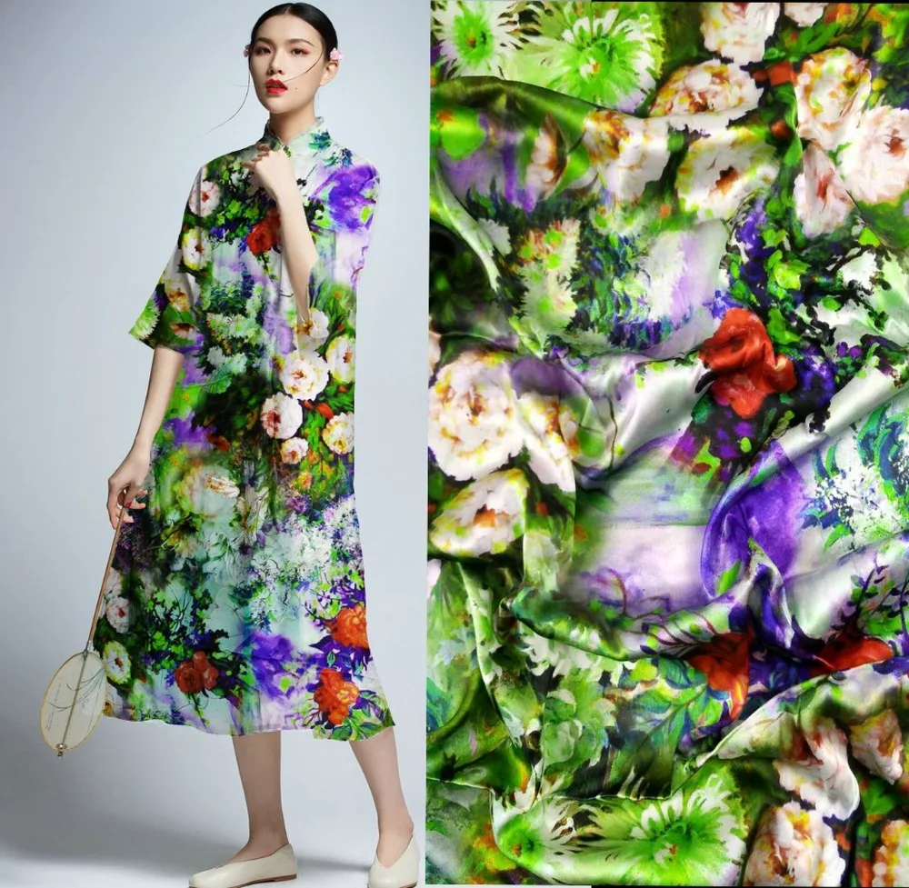 Telas de seda satinada elástica con estampado de flores gran oferta ...