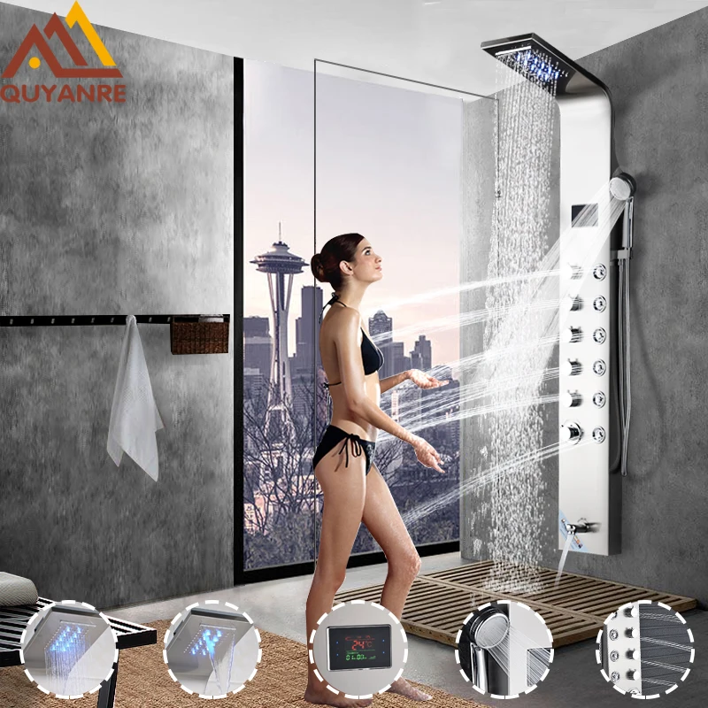 Shower Faucet Led Rainfall Waterfall Shower Panel With Massage Jets Hand Shower Temperature