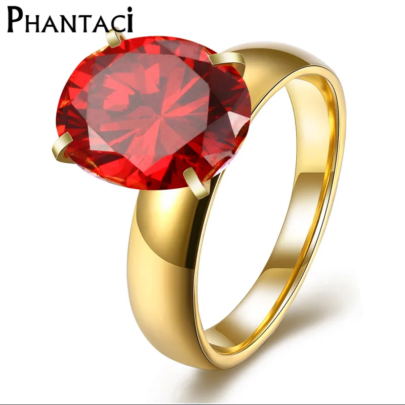Simple Red Crystal Titanium Wedding Rings For Women Gold Color Big