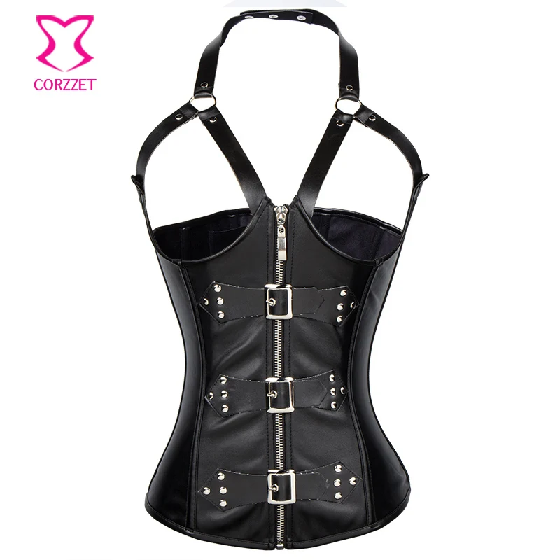 Corzzet Black Leather Open Cup Front Zipper Blucke Steampunk Underbust ...