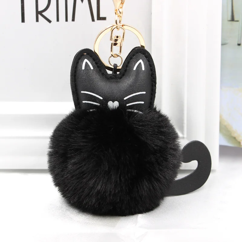 Cat Keychain Faux Rabbit Fur Fluffy Plush Pompom Ball Car Key Chain ...