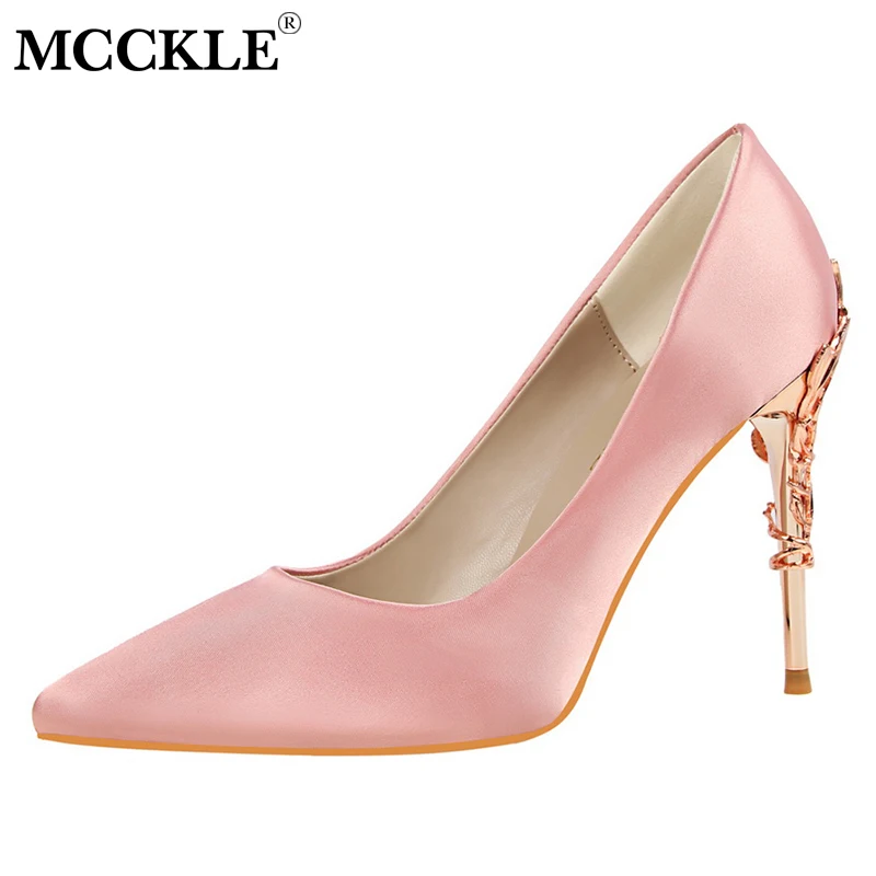 Mcckle Women High Heel Fashion Elegant Metal Carved Heels Woman Pumps