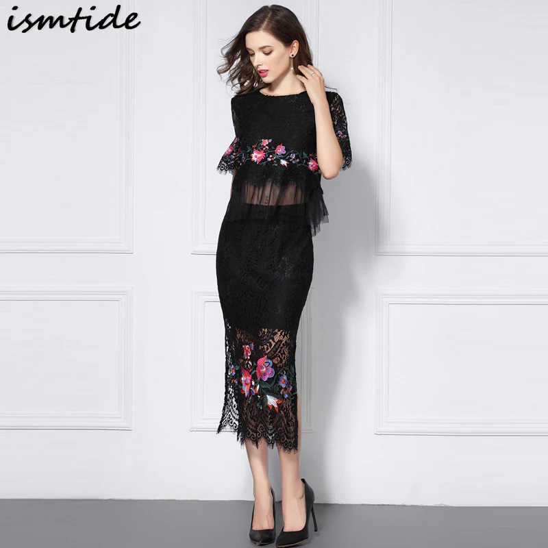 Women 2 Pieces Sets Summer 2 Piece Set Hollow Floral Embroidery Tops ...